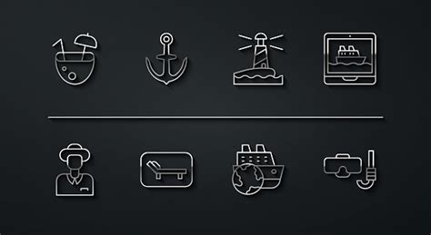 세트 라인 코코넛 칵테일 관광 유람선 선베드 및 우산 앵커 다이빙 마스크 스노클 및 등대 아이콘 벡터 가공의 인물에 대한 스톡 벡터 아트 및 기타 이미지 Istock