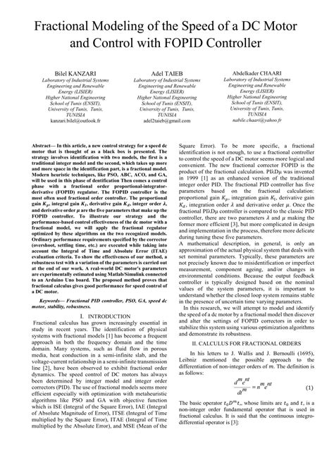 Pdf Fractional Modeling Of The Speed Of A Dc Motor And Control With Fopid Controller