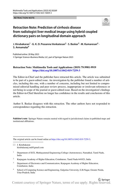 Retraction Note Prediction Of Cirrhosis Disease From Radiologist Liver