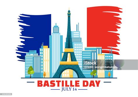 행복 바스티유 데이 벡터 일러스트 레이 션 에 7 월 14 일 프랑스 국기 리본 및 에펠 탑 에서국경일 평면 만화 배경 0명에 대한 스톡 벡터 아트 및 기타 이미지 Istock
