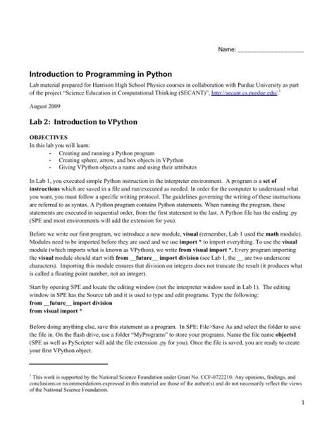 Introduction To Programming In Python Lab 2 Introduction To Vpython
