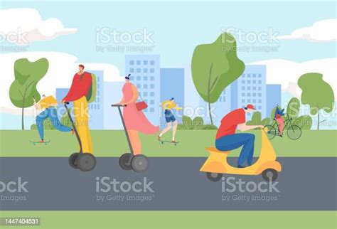 교통 수단 벡터 삽화에 도시 플랫 사람들 도시 도로 라이프 스타일 남자 여자 캐릭터 타기 자전거 자전거 스케이트 보드 및