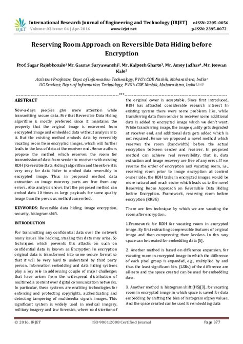 Pdf Reserving Room Approach On Reversible Data Hiding Before Encryption Irjet Journal