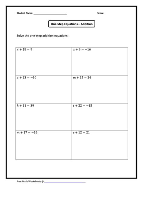 One Step Equations Addition Printable Pdf Download
