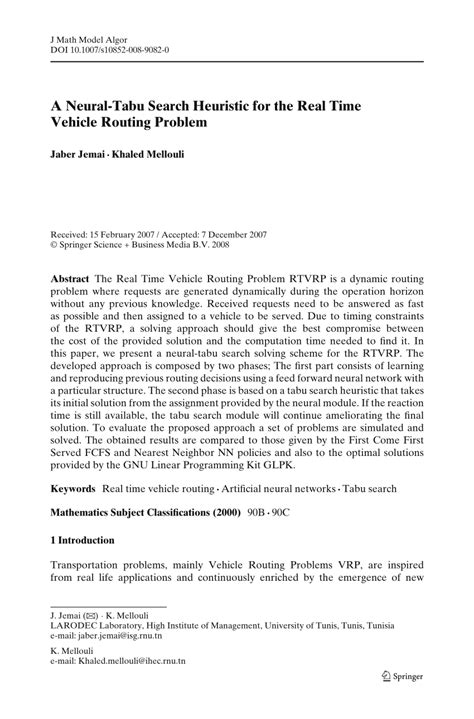 Pdf A Neural Tabu Search Heuristic For The Real Time Vehicle Routing