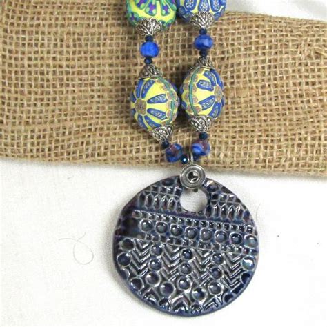 Blue And Green Handmade Artisan Beaded Pendant Necklace Beaded Pendant