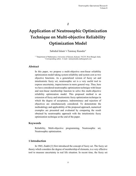 Pdf Application Of Neutrosophic Optimization Technique On Multi Objective Reliability
