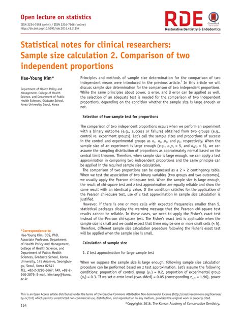Pdf Statistical Notes For Clinical Researchers Sample Size Calculation 2 Comparison Of Two