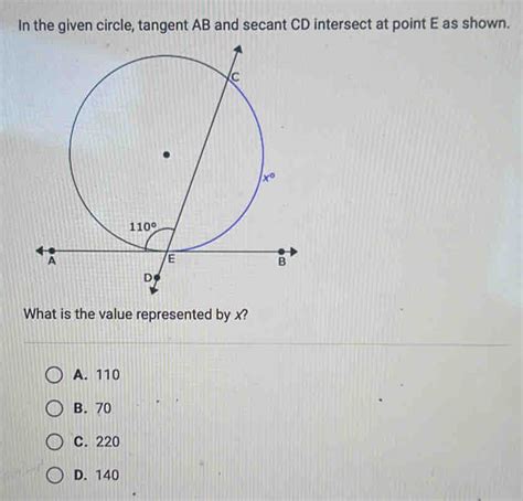 In The Given Circle Tangent Ab And Secant Cd Intersect At Point E As Shown What Is The V