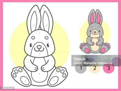 귀여운 토끼와 함께 아이들을 위한 숫자로 색칠하기 책 색칠 예제가 있는 만화 토끼가 있는 색칠 공부 페이지 블랙 앤 화이트 및 컬러 버전 벡터 일러스트 레이 션 교육에 대한