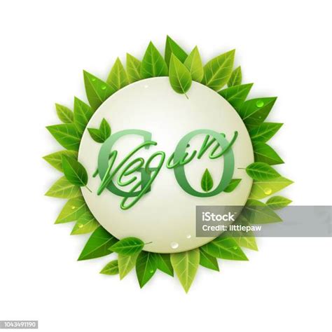 가 서 채식주의 동기 부여 포스터 녹색 잎 벡터 일러스트 레이 션 라운드 배너에 인터레이스 텍스트 디자인 0명에 대한 스톡 벡터