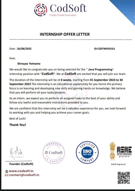 Shreyas Yelmame On Linkedin Internship For Java Programming