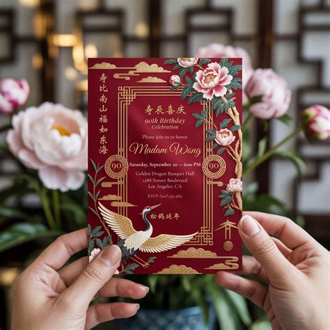 Elegant Chinese Birthday Invitation Red And Gold Crane Design 5x7