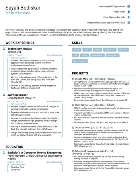 Sayalis Resume One Page Pdf Spring Framework Java Programming Language