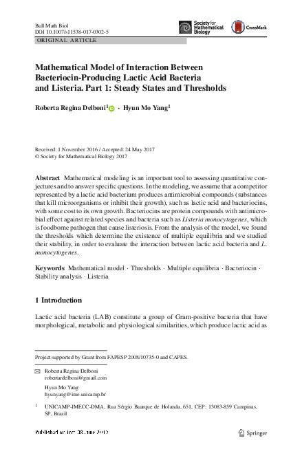Pdf Mathematical Model Of Interaction Between Bacteriocin Producing Lactic Acid Bacteria And