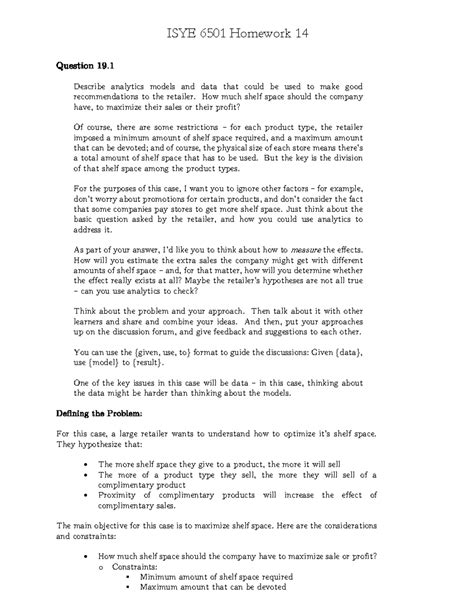 Homework Week ISYE Homework Question Describe Analytics Models And Data That