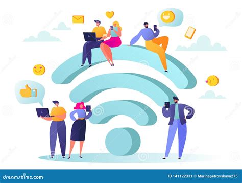 Wi Fi Connection People Gathered Near A Big Symbol Wi Fi Stock Vector Illustration Of