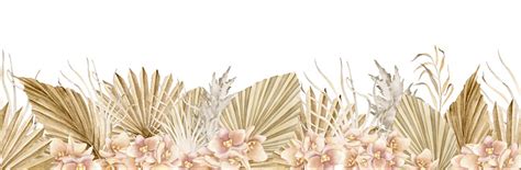 이국적인 열대 야자수 잎과 난초 꽃과 꽃 테두리 보헤미안 스타일의 말린 식물이 있는 매끄러운 패턴 청첩장이나 카드를 위한 옅은 파스텔 색상의 보헤미안 식물 프레임 건조한에