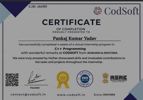 Pankaj Yadav On Linkedin Internshipcompletioncertificate Cppprogramming Thanks Codsoft Cpp