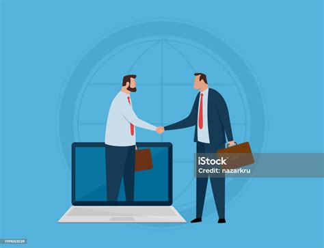 글로벌 비즈니스 및 협력 개념 비즈니스 파트너가 랩톱 모니터를 통해 악수를 하고 있습니다 벡터 그림입니다 노트북에 대한 스톡 벡터 아트 및 기타 이미지 Istock