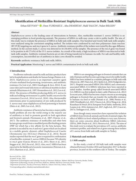 Pdf Identification Of Methicillin Resistant Staphylococcus Aureus In Bulk Tank Milk