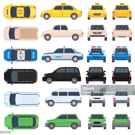 평면 자동차 경찰과 택시 상단 측면 뒤와 전면 보기 만화 자동차 수송 픽업 Suv 및 미니 밴 전망 벡터 세트 뒤에 있는 차량 차에 대한 스톡 벡터 아트 및 기타 이미지