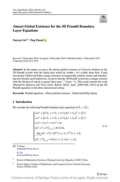Almost Global Existence For The D Prandtl Boundary Layer Equations Request PDF
