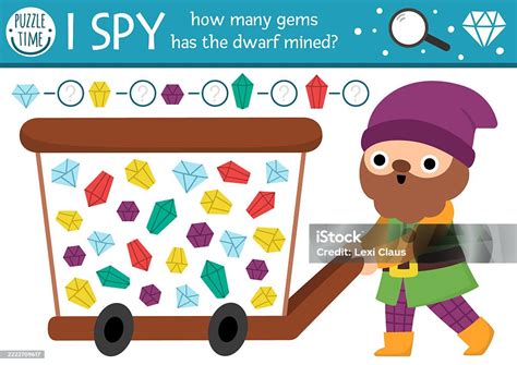 아이들을 위한 드워프 I 스파이 게임 장바구니에 있는 그놈 크리스탈 보석으로 활동을 검색하고 계산합니다 미취학 아동을 위한 마법의 숲 인쇄 가능한 워크시트 간단한 삼림 지대