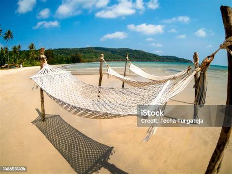 바다 섬 푸른 하늘 배경의 모래 해변에 있는 나무 기둥에 매달려 있는 세 개의 빈 밧줄 요람 어안 전망 사람이 없는 햇살이 내리쬐는 날에는 편안한 걸이 요람이나 그네 침대