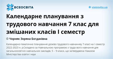 Календарне планування з трудового навчання 7 клас для змішаних класів І семестр КТП Трудове
