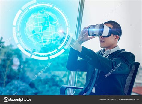 Digital Composite Man Wearing Headset Special Effects Transition Block Chain Stock Photo