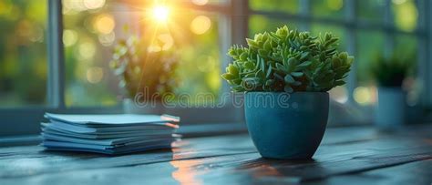 A Minimalist Workspace With A Potted Plant And Stack Of Papers Captured In Closeup Concept