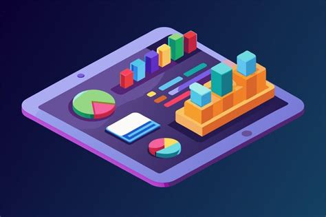 Isometric Digital Tablet Screen Displaying Colorful Bar Charts And Pie Charts For Data Analysis
