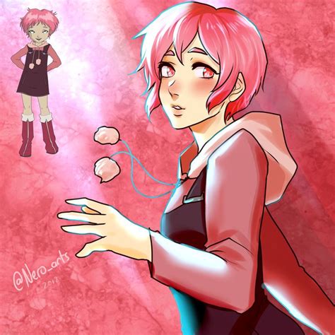 An Anime Character With Pink Hair Holding Her Hands Out