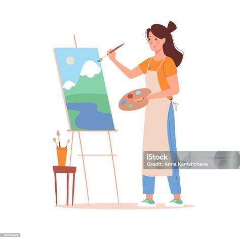 한 여성이 이젤에서 그림을 그립니다 어린 소녀가 수채화와 기름으로 산의 풍경을 그립니다 아티스트의 손에 브러시와 팔레트 플랫 스타일의 벡터 일러스트레이션입니다 회화에 대한