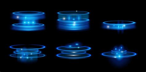 빛나는 미래 지향적인 요소가 있는 파란색 포털 홀로그램 프리젠 테이션을 위한 벡터 격리 된 연단 세트 게임을 위한 Ui 요소 또는 가상 현실 메타버스 디자인 및 텔레포트