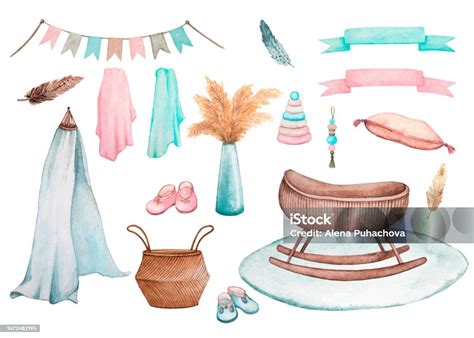 요람 및 보육원을위한 다른 장식 요소 손으로 그린 Boho 디자인 요소 집합입니다 로고 아기 섬유 인쇄 보육 장식 어린이 장식 어린이 방 디자인 0명에 대한 스톡 벡터 아트