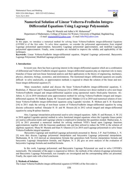 Numerical Solution Of Linear Volterra Fredholm Integro Pdf