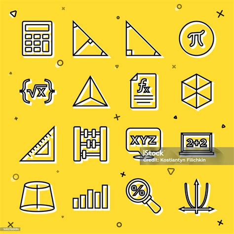 선 그래프 일정 차트 다이어그램 칠판 기하학적 그림 큐브 삼각형 수학 사면체 X 글리프의 제곱근 계산기 및 함수 수학 기호 아이콘을 설정합니다 벡터 0명에 대한 스톡 벡터