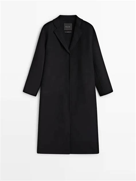 Massimo Dutti Long Wool Blend Coat With Strap At The Back Black
