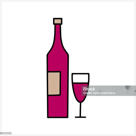 흰색에 고립 된 와인과 유리 아이콘 의 병 스케치 핸드 그린 아트 라인 음료 벡터 스톡 일러스트레이션 Eps 10 건강관리와