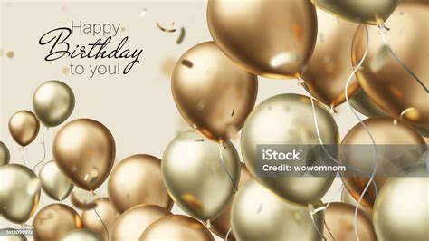 밝은 배경에 현실적인 황금 공기 풍선의 힙과 3d 생일 축하 수평 삽화 텍스트와 반짝이는 색종이가있는 풍선이있는 아름다운 휴가 템플릿 디자인 귀여운에 대한 스톡 사진 및