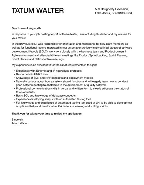 QA Software Tester Cover Letter Velvet Jobs