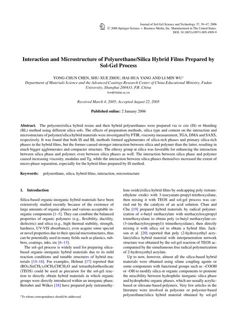 Pdf Interaction And Microstructure Of Polyurethane Silica Hybrid Films Prepared By Sol Gel Process