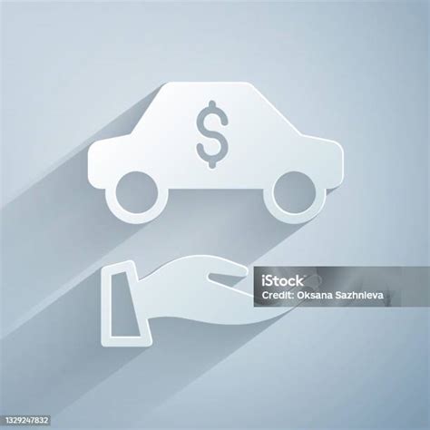 종이 컷 자동차 대여 아이콘 회색 배경에 격리 자동차 표지판을 대여하십시오 자동차와 키 자동차 수리 서비스를 위한 개념 종이 아트 스타일 벡터 3차원 형태에 대한 스톡 벡터