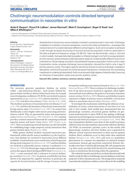 Pdf Cholinergic Neuromodulation Controls Directed Temporal Communication In Neocortex In Vitro