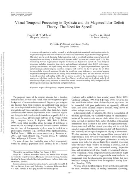 Visuvisual Temporal Processing In Dyslexia And The Magnocellular Al Temporal Processing In