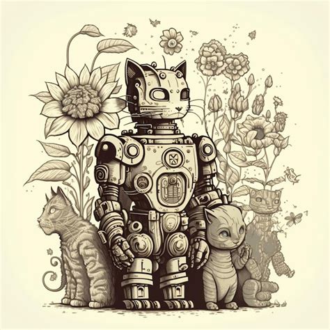 Premium Photo There Is A Drawing Of A Robot And A Cat In A Garden Generative Ai