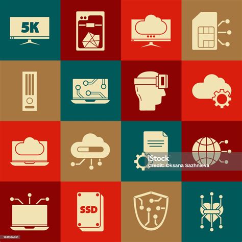 프로세서 클라우드 데이터 전송 및 저장 컴퓨터 모니터 화면 노트북 비디오 게임 콘솔 5k 비디오 및 가상 현실 안경 아이콘이 있는 모니터 디스플레이를 설정합니다 벡터 3차원