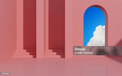 기하학적 형태와 파스텔 색상으로 최소한의 내부 공간 태양 빛은 푸른 하늘 배경으로 벽에 그림자를 캐스팅 3d 렌더링 문에 대한 스톡 사진 및 기타 이미지 Istock